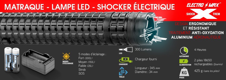 Matraque électrique Lampe LED XTREM SHOCK - Armurerie Pascal Paris